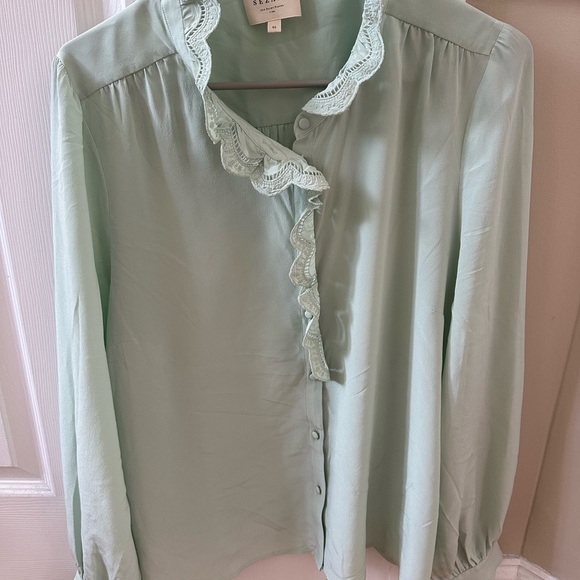Sezane | Tops | Sezane Chlo Blouse Light Green Ruffle | Poshmark